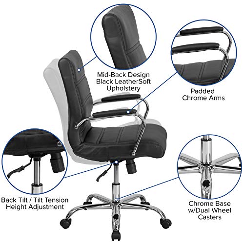 Flash Furniture Whitney Mid-Back Desk Chair - Black LeatherSoft Executive Swivel Office Chair with Chrome Frame - Swivel Arm Chair