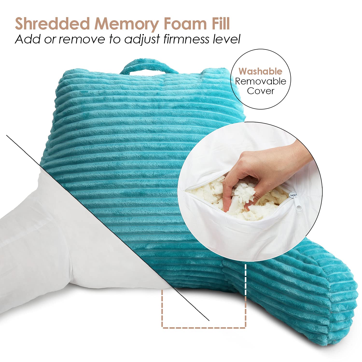 Clara Clark Reading Pillow for Kids – Back Pillow for Sitting in Bed, Plush Bed Pillows for Sitting Up in Bed, Teal Kids Reading Pillow, Shredded Foam Bed Chair Pillow with Arms and Pockets