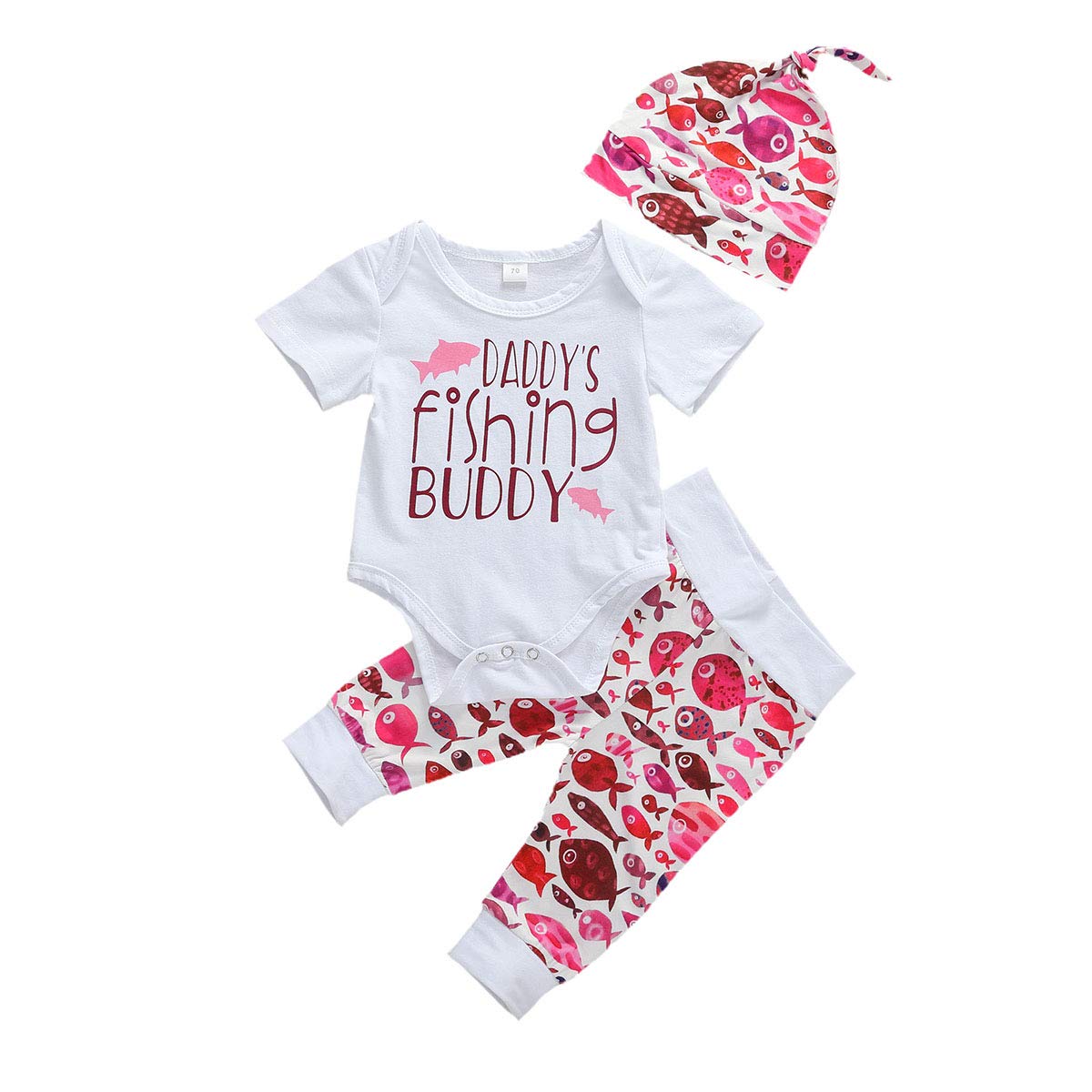 Mioliknya 3PCS Newborn Baby Girl Daddy's Fishing Buddy Short Sleeve Romper Bodysuit Floral Pants Leggings Hat Outfits (Rose Red, 0-3 Months)
