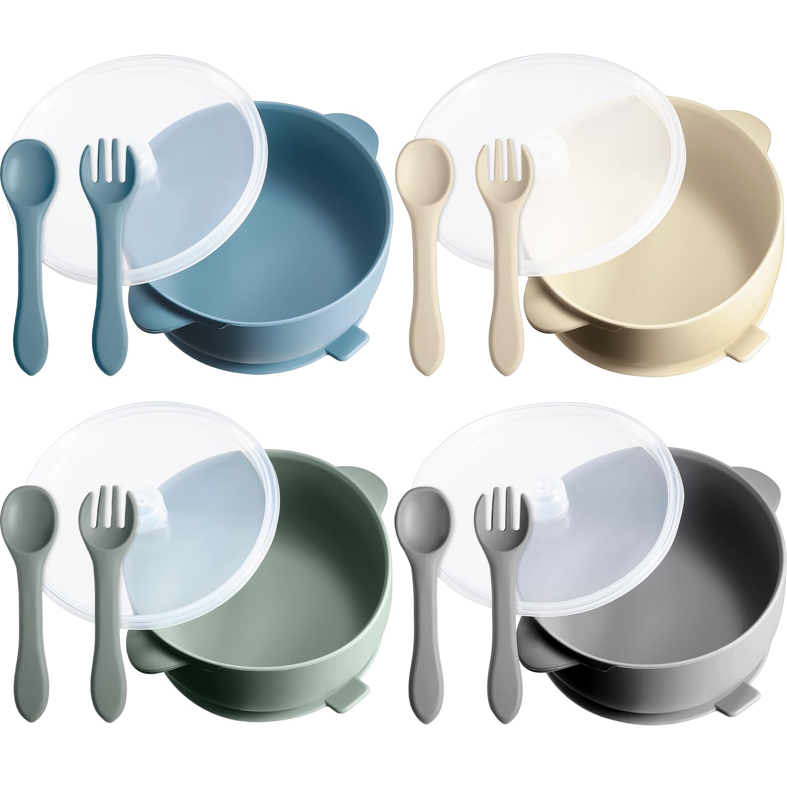 4 Set Silicone Baby Bowls with Lid Spoon and Fork Suction Bowls for Baby Self Feeding Baby Food Bowl First Stage Silicone Baby Feeding Set for Toddler Dishwasher and Microwave Safe (Elegant Colors)