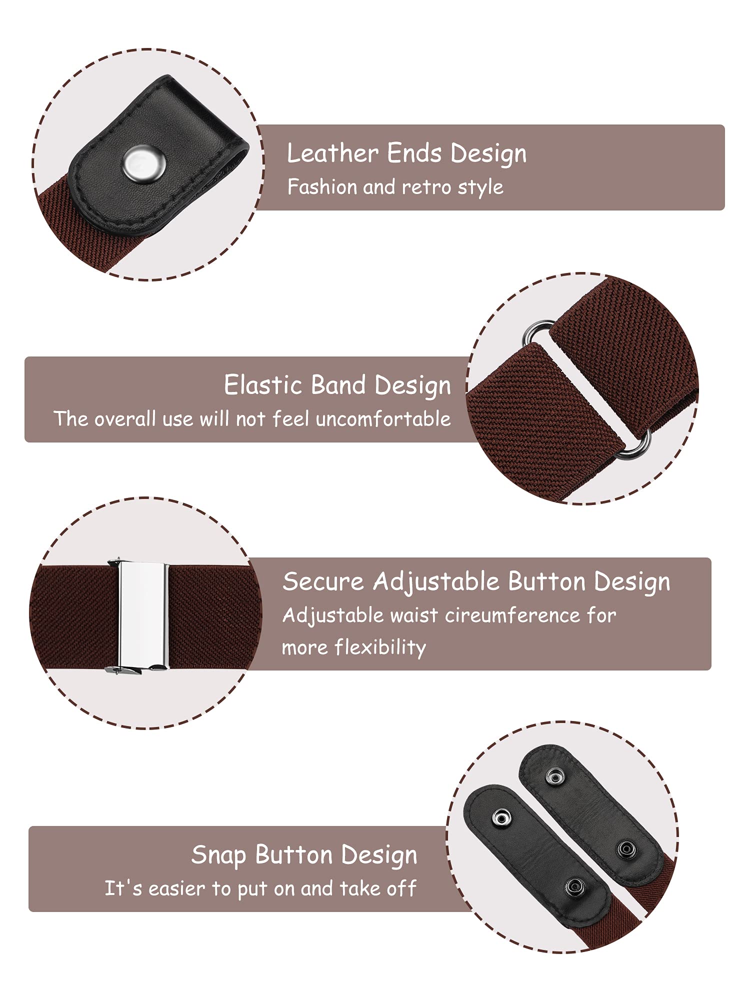 4 Pieces No Buckle Stretch Belt Adjustable Unisex Belt Invisible Elastic Belt for Men Women Jeans Pants Skirts(Khaki, Black, Coffee Color, Navy Green)