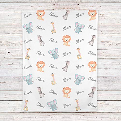 Lovable Gift Co Safari Animals Personalized Baby Blanket, Safari Nursery, Custom Name Blanket