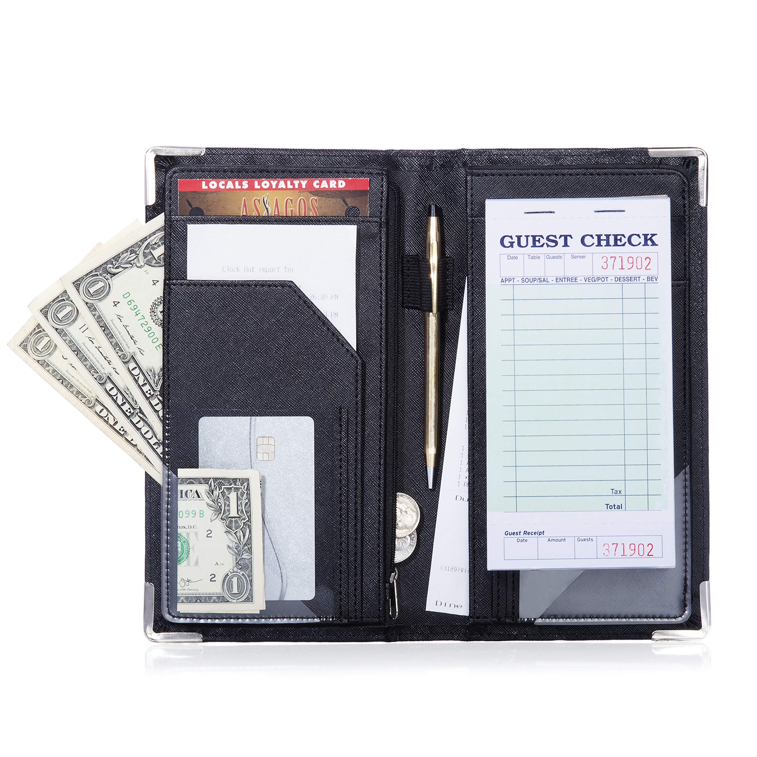 Sonic Server 5x9 11-Pocket Server Book Organizer with Double Magnetic Pockets, Zipper Pouch & Pen Holder for Waitress Waiter Waitstaff | Cross-Textured Black | Fits Apron Holds Guest Checks