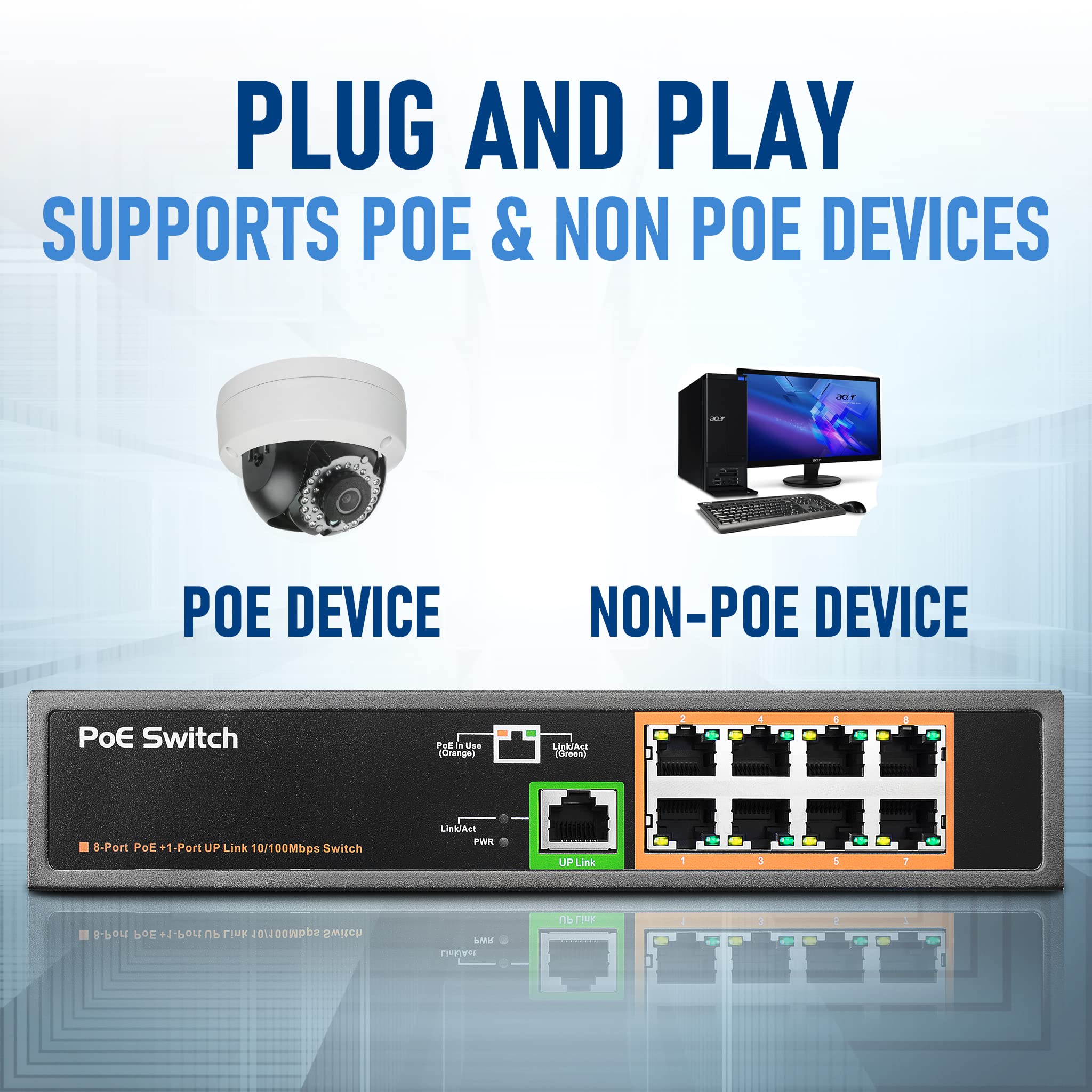 BV-Tech 9 Port PoE+ Switch (8 PoE+ Ports | 1 Uplink Port) – 120W – 802.3af/at
