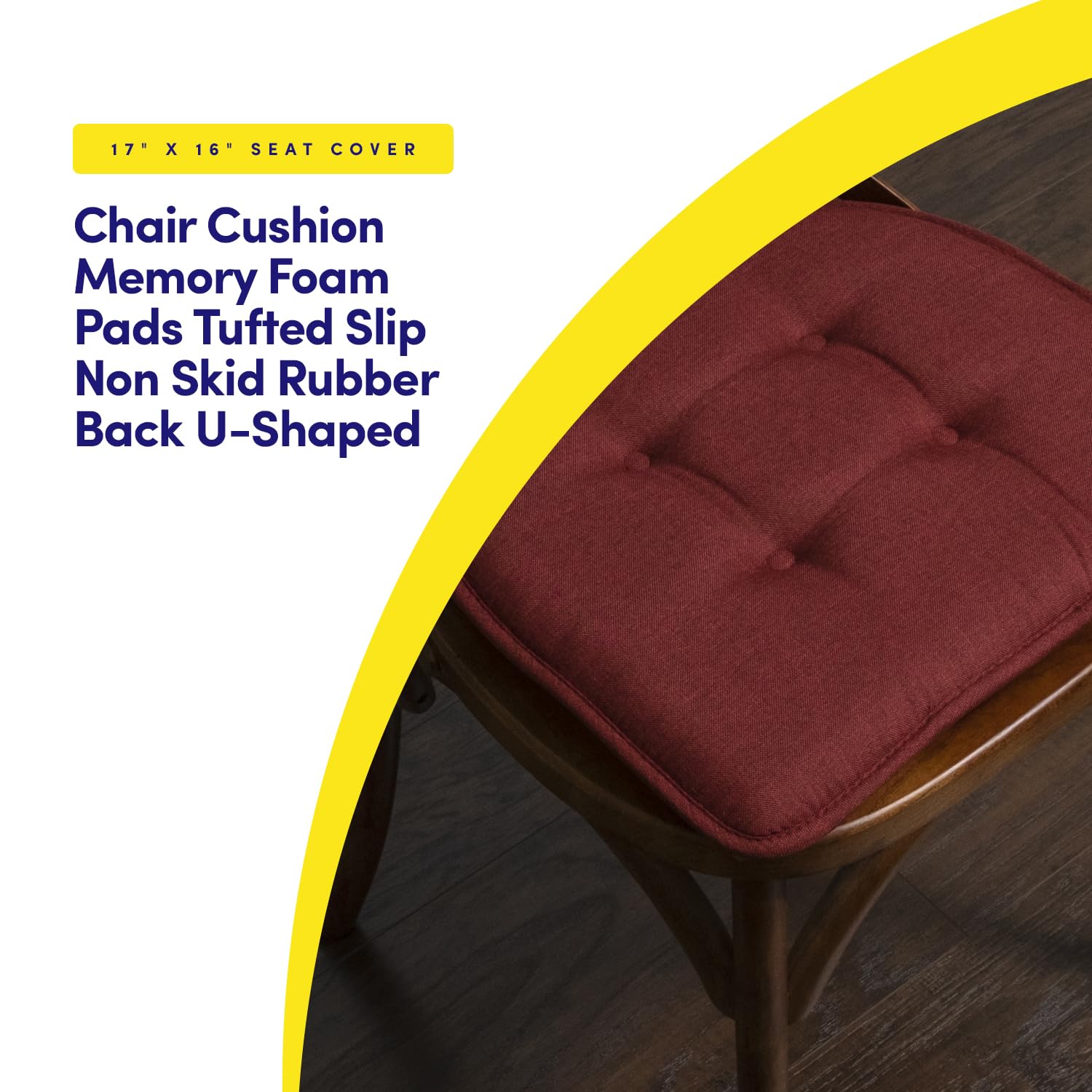 Sweet Home Collection Chair Cushion Memory Foam Pads Tufted Slip Non Skid Rubber Back U-Shaped 17" x 16" Seat Cover, 4 Count (Pack of 1), Wine Burgundy