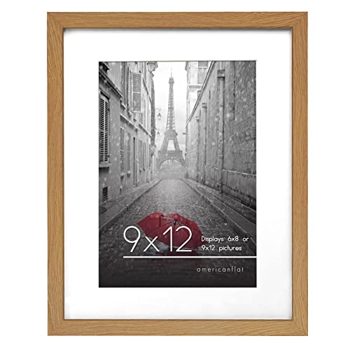 Americanflat 9x12 Picture Frame in Dark Oak - Displays 6x8 with Mat and 9x12 Without Mat - Engineered Wood with Shatter Resistant Glass - Horizontal and Vertical Formats for Wall