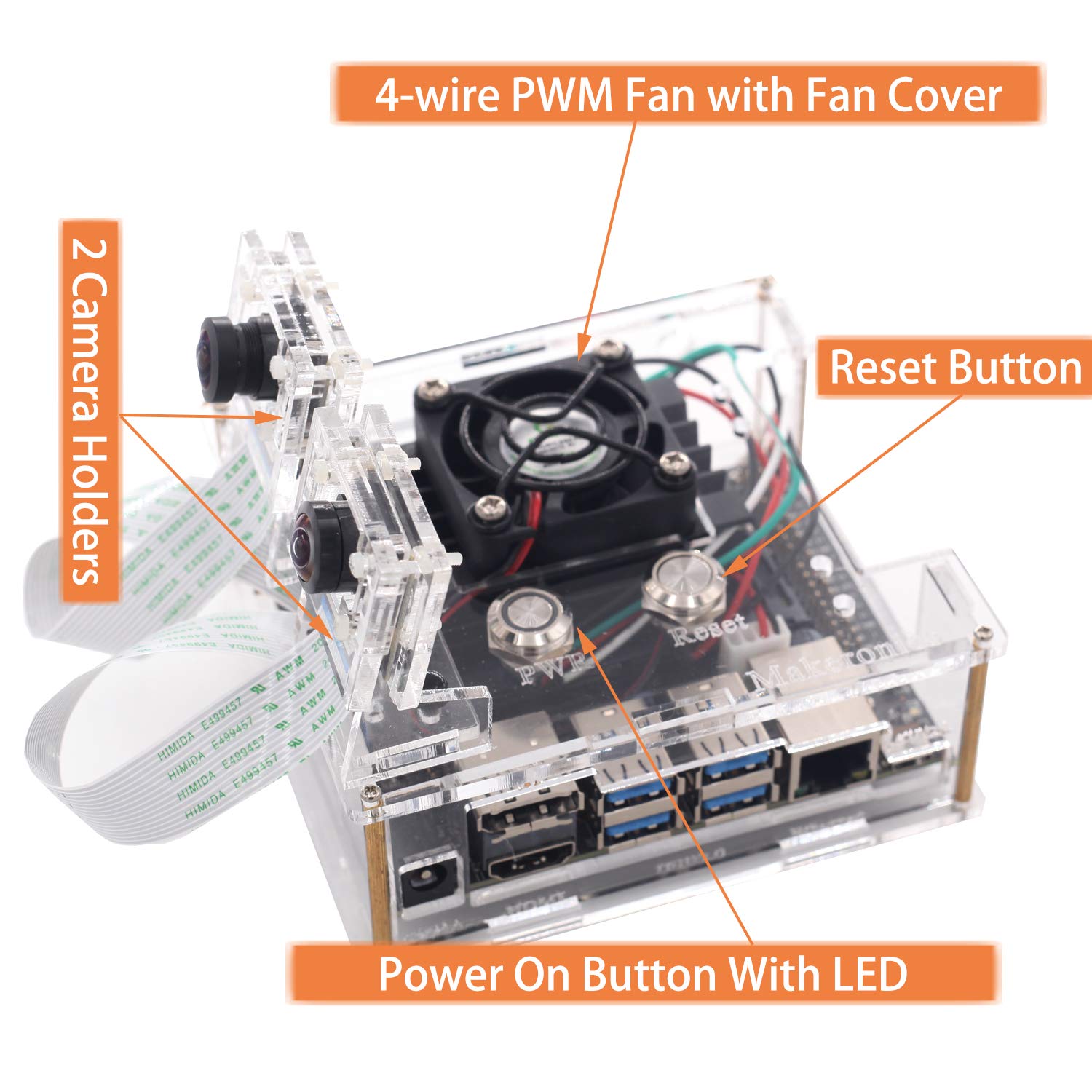 Makeronics Acrylic Case/Enclosure (Clear Transparent) for Jetson Nano with Camera Case for B01 and A02 | Power & Reset Control Switch | Cooling Fan | Assembly Instruction Included