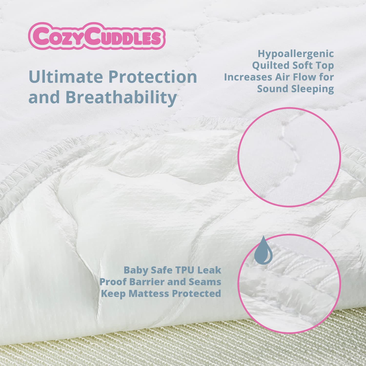 COZYCUDDLES Premium Zippered Quilted Waterproof Crib Protector Cover - All 6-Sides Waterproof Fully Encasement - Standard Baby Crib Toddler Bedding (52" x 28"), White, CC-01