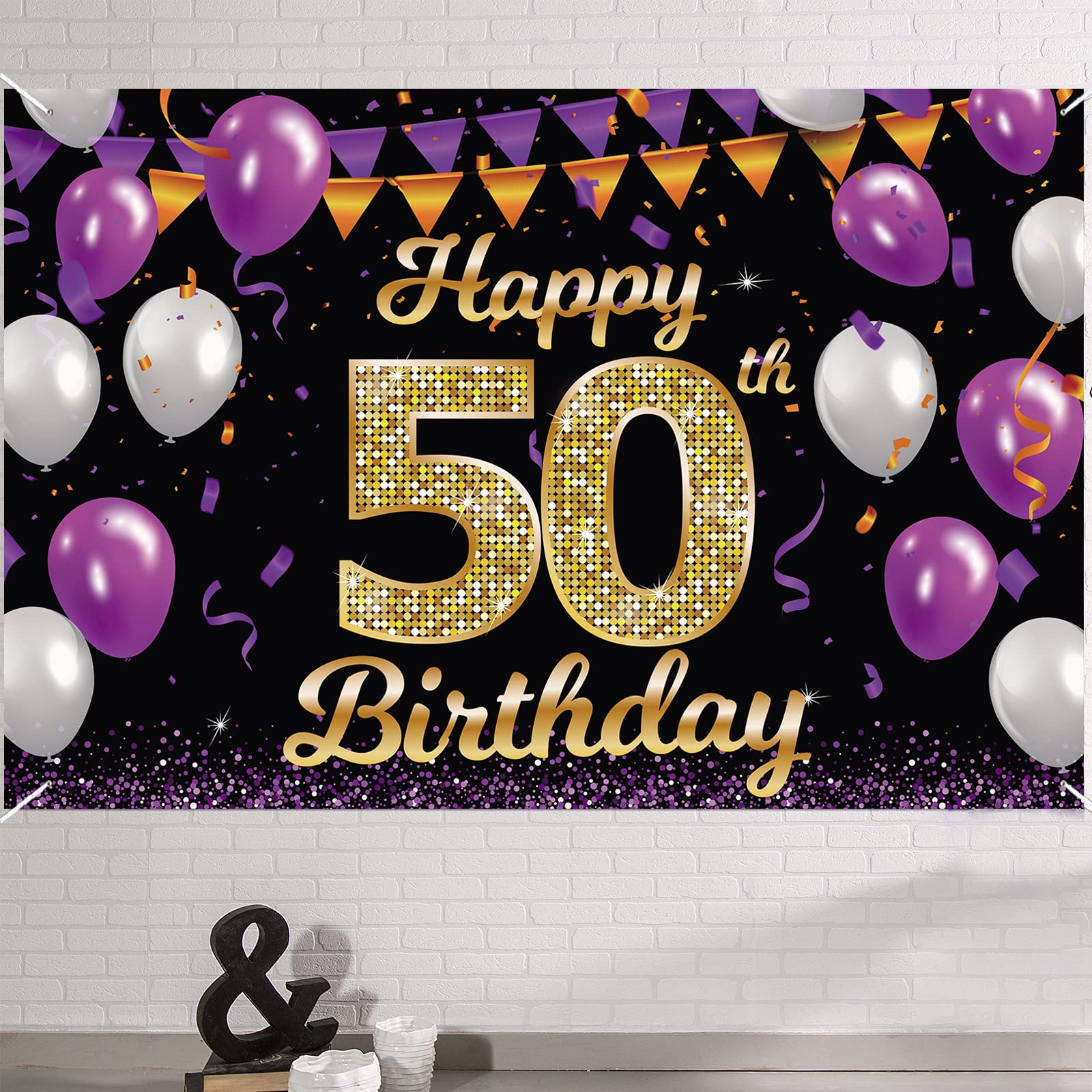 4 x 6ft Happy 50th Birthday Party Decorations Banner Gold and Black Sign - Cheers to 50 Years Anniversary Purple Photo Booth Backdrop Party Supplies for Women and Men