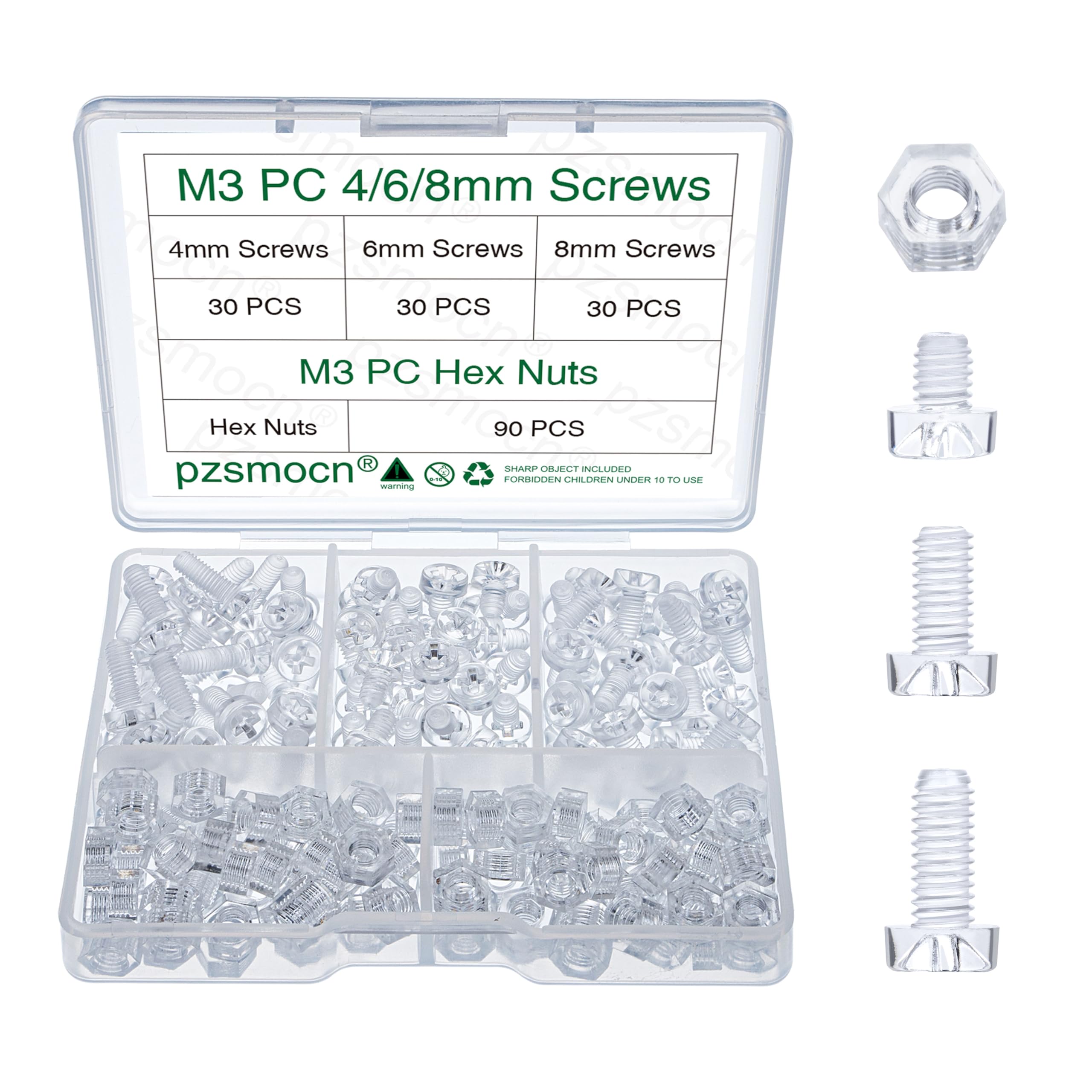 Pzsmocn 180 Pieces M3*4/6/8mm PC Transparent Plastic Cross-recessed Round Head Screws and Hexagonal Nuts Kit, Corrosion-Resistant, for DIY, Model and Electronic Product Fixation.
