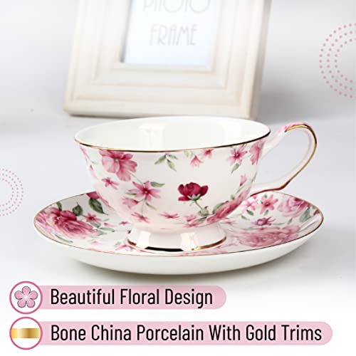 BTaT- Tea Cups, Tea Cups and Saucers Set of 6, Tea Set, Floral Tea Cups (8oz), Tea Cups and Saucers Set, Tea Set, Porcelain Tea Cups, Tea Cups for Tea Party, Rose Teacups, China Tea Cups (Bone China)