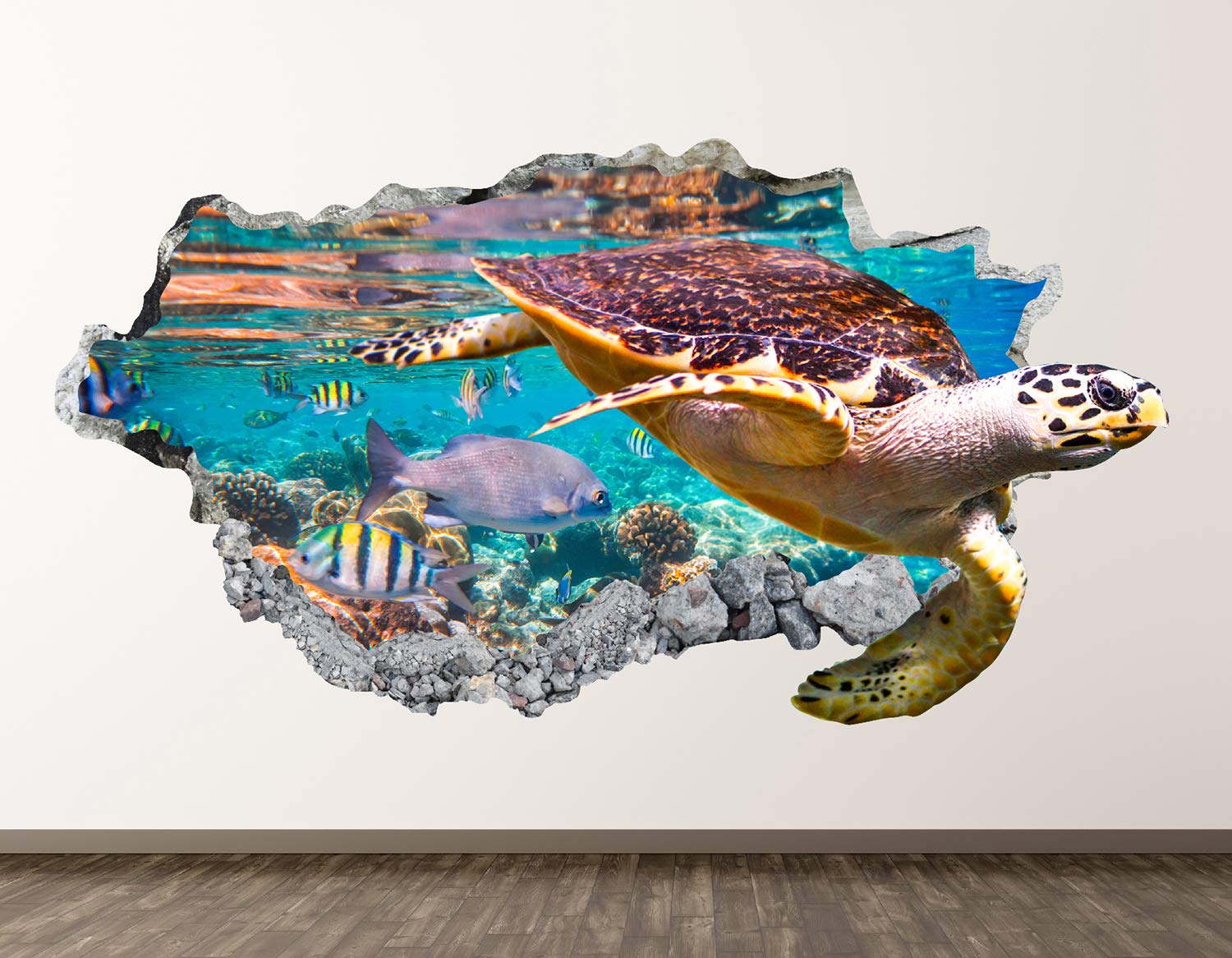 Turtle Wall Decal Art Decor 3D Smashed Kids Ocean Sticker Mural Home Gift BL07 (70"W x 40"H)