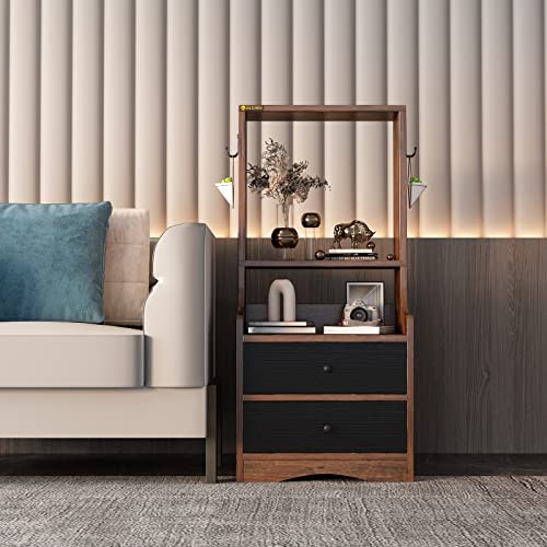 ALISENED 2 Tier Bookshelf, Tall Bookcase with 2 Storage Drawers, Display Standing Shelf Units, Wood Storage Shelf for Living Room, Bedroom, Home Office, Rustic Brown