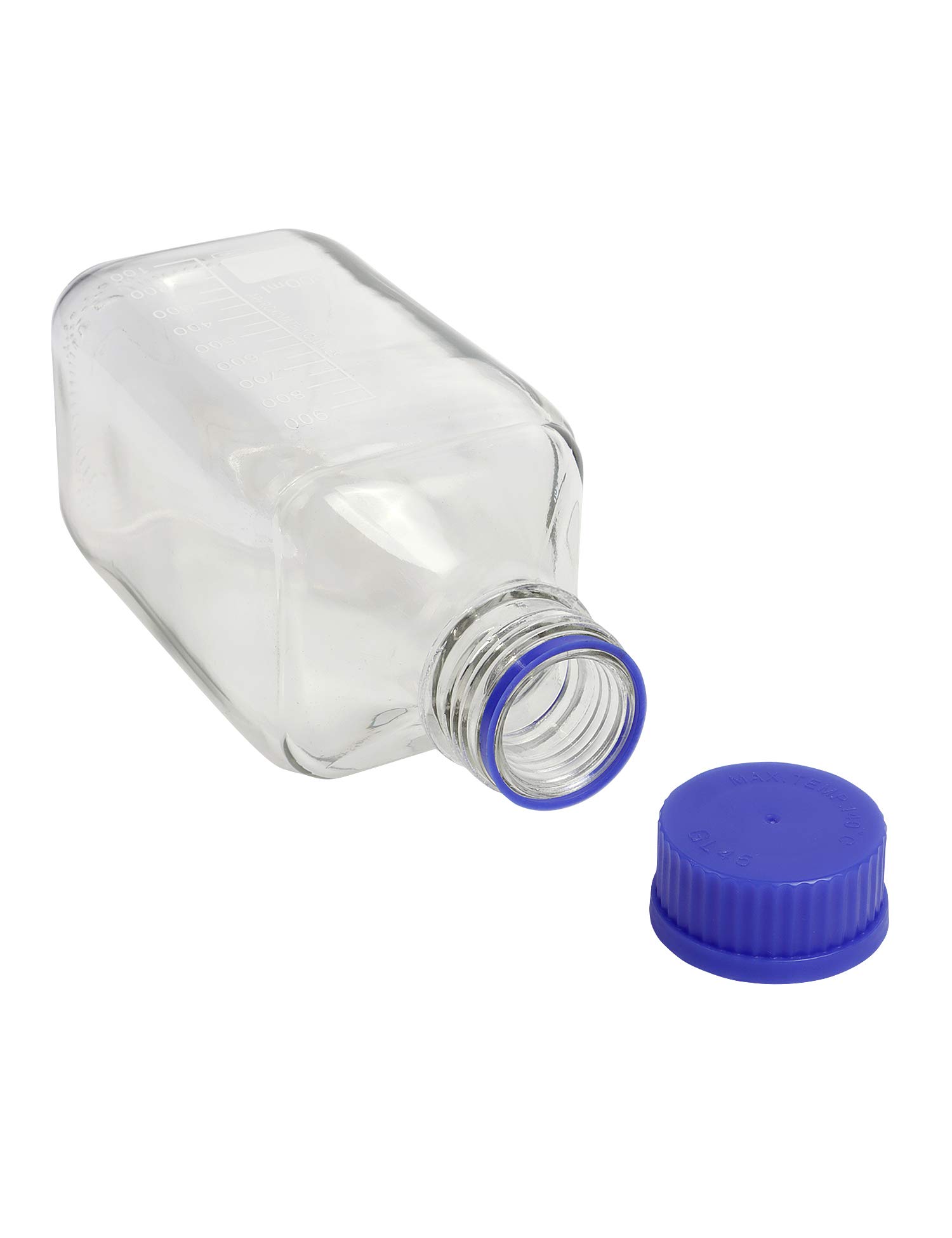 Moonetto 4 Pack 1000mL Graduated Square Media/Storage Glass Bottle With GL45 Blue Polypropylene Screw Cap