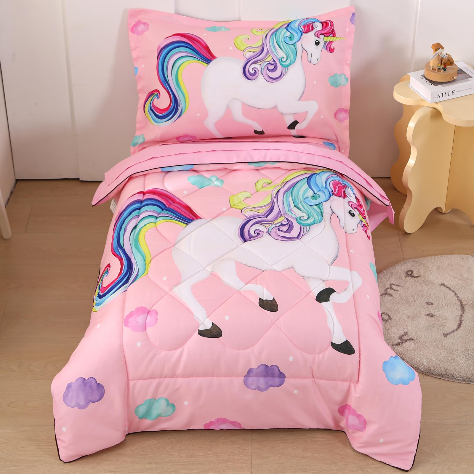 Wowelife Unicorn Toddler Bedding Set for Girls, Rainbow 4 Piece Toddler Bed Sheets Sets Pink Toddler Comforter Set Kids Bag in A Bag with Comforter, Flat Sheet, Fitted Sheet and Pillowcase, Pink