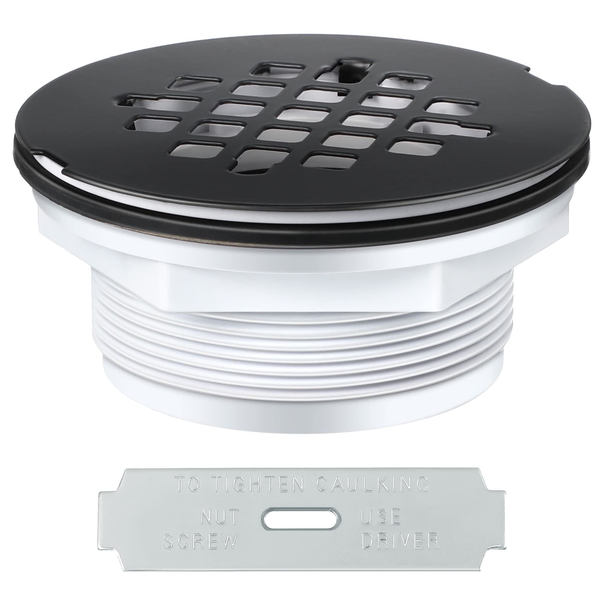 4-1/4" OD Shower Drain Assembly, Snap in Shower Base Drain and Matte Black Round Grid Strainer Cover, Fits 2 in. Schedule 40 ABS and PVC Pipes, Stainless Steel Cap, ABS Drain Base