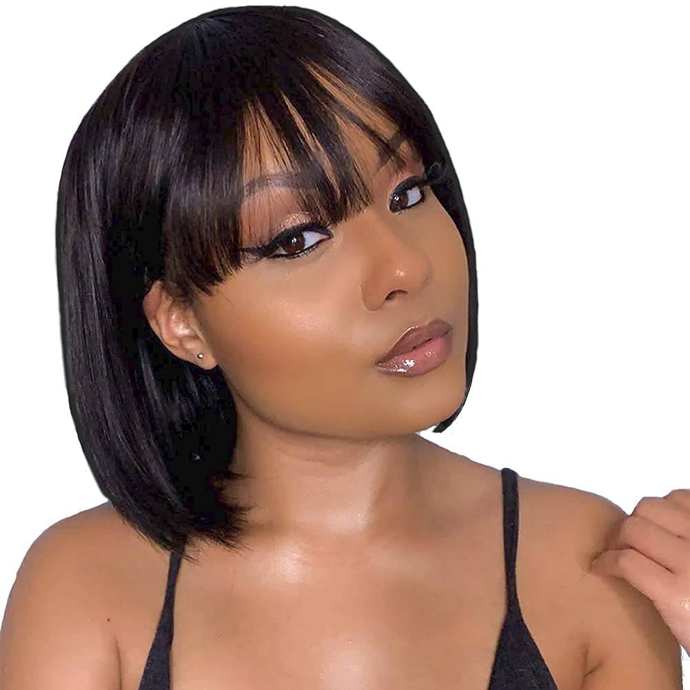 WENYAN Short Bob Wig Human Hair with Bangs 8 Inch None Lace Front Wigs for Black Women Brazilian Virgin Straight Hair 150% Density Machine Made Bob Wigs Natural Color