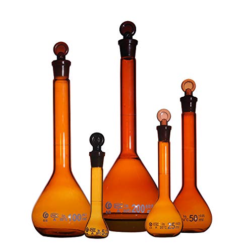 Volumetric Flask with Grinding Stopper, Amber, Class A, Capacity 200ml, Printed Blue Graduations & Marking Spot, Borosilicate Glass, Lab Glassware Kits (200ml)