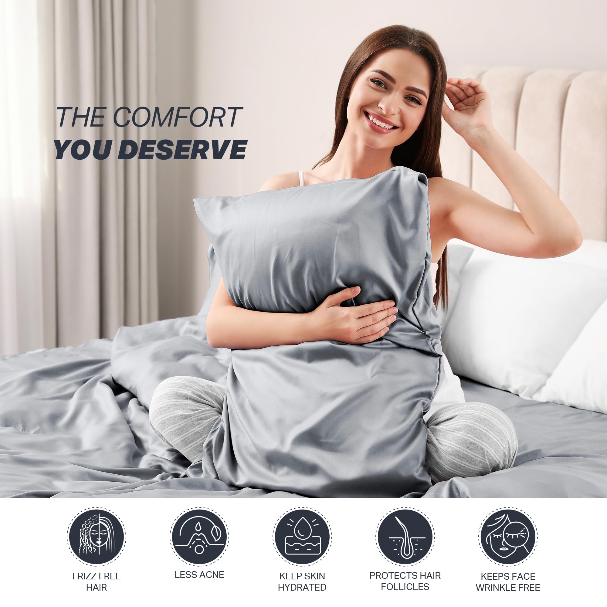 AL AHMEDANI LINEN 6 Piece Satin Sheets Queen and King Size with 4 Pillow Cases, 1 Satin Fitted Sheet, 1 Satin Duvet Cover - Gray