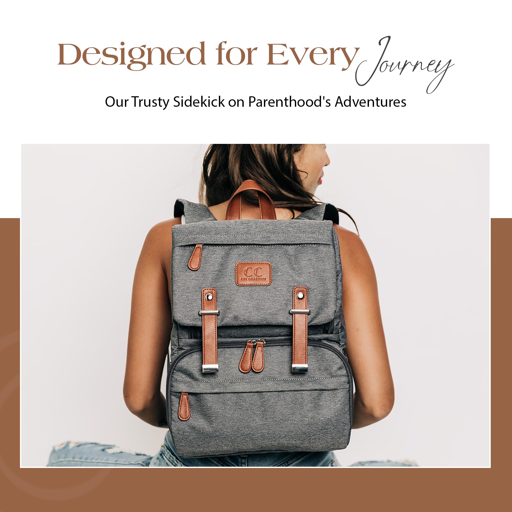 Citi Collective Nomad Grey Diaper Bag Backpack -Premium Vegan Leather- Compact Spacious Design With Insulated Pockets and Stroller Clips