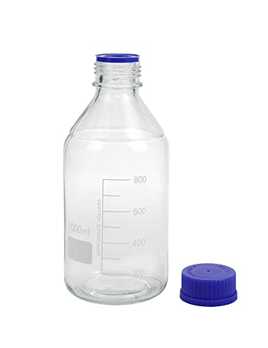 Moonetto 4 Pieces 1000ml Graduated Round Media/Storage Glass Bottle With GL45 Blue Polypropylene Screw Cap