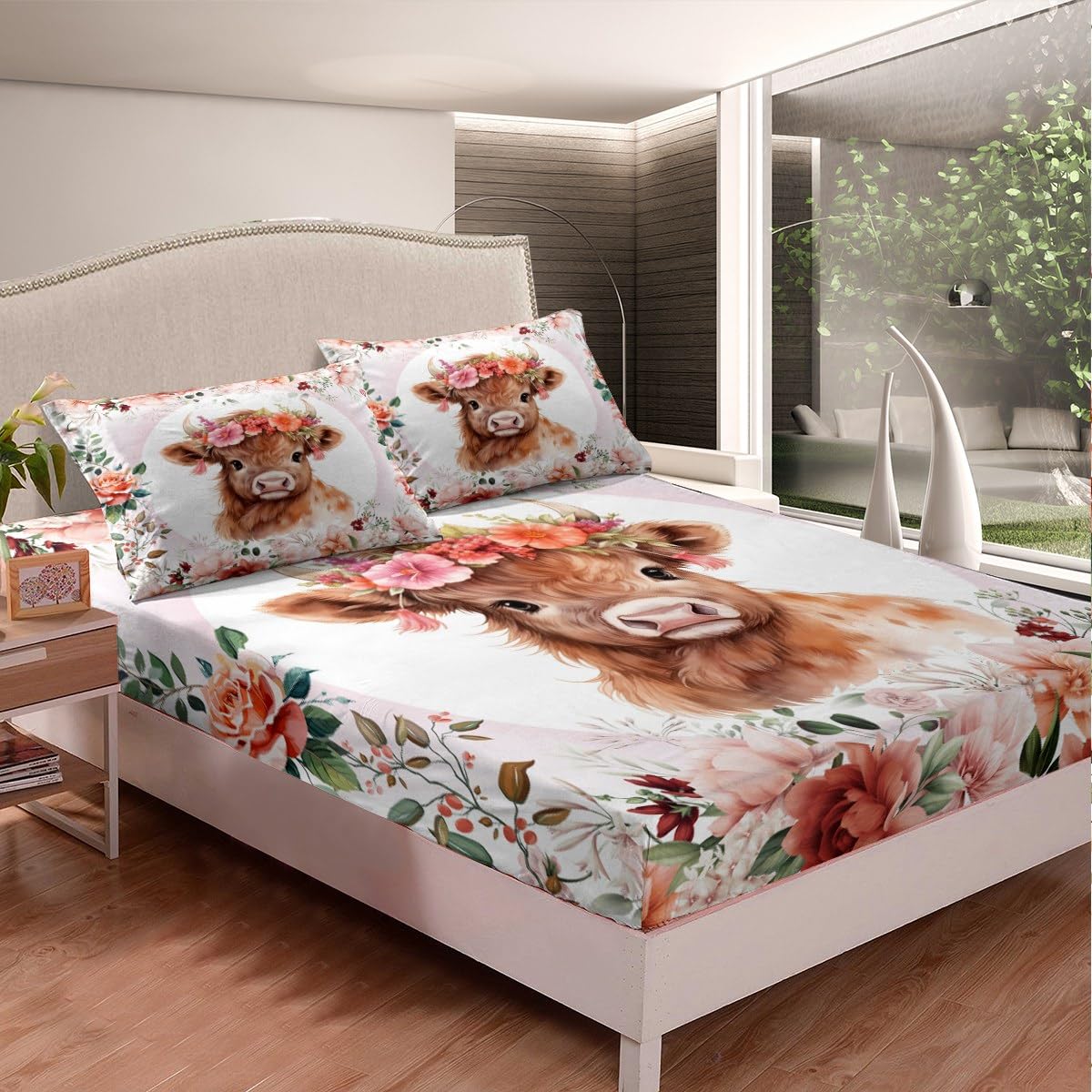 Feelyou Cute Highland Cow Fitted Sheet Twin Size Kids Cartoon Animal Bedding Set for Boys Girls Teens Flower Floral Print Bed Sheet Set Farm Zoo Garden Theme Bed Cover Deep Pocket Room Decor