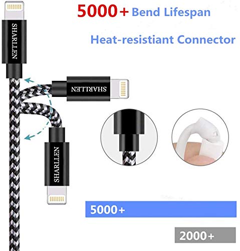 sharllen iPhone Cable 5Pack 3FT/6Foot/10Feet MFi Certified Nylon Braided Fast USB Charging&Syncing Charger Cord Wire Lightning Cable Compatible iPhone11/XS/Max/XR/X/8P/7Plus/6s P/6/6P/iPad/iPod Black