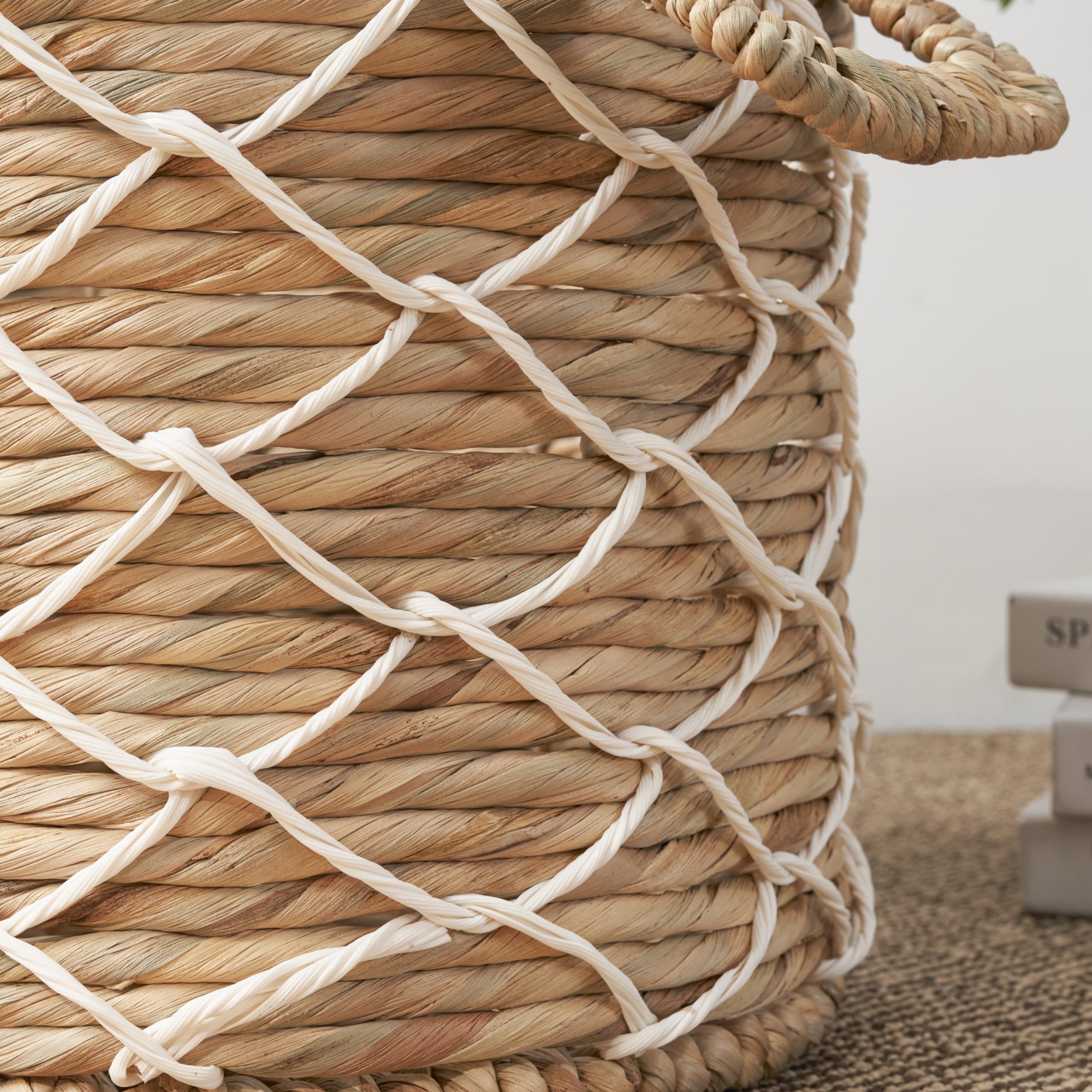 Woven Water Hyacinth Wicker with Rope Storage Basket (18" x 18" x 15" - Natural Brown) - Ideal for Halloween, Thanksgiving, and Home Organization