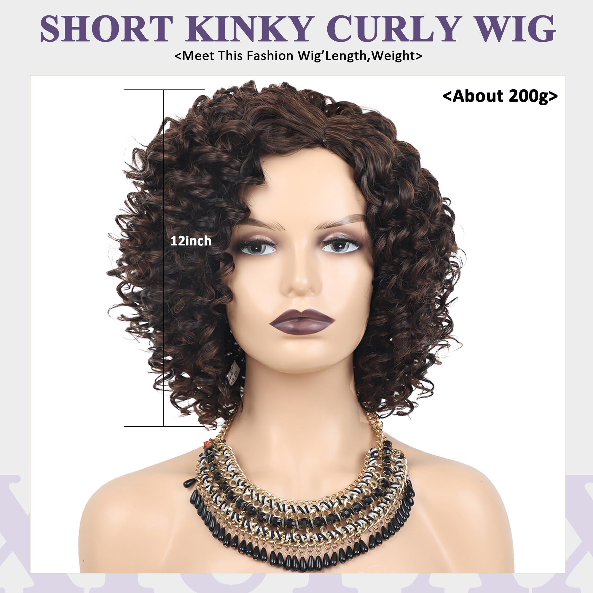 XIUFAXIRUSI XIUFAXIRUSI Short Curly Afro Wigs for Black Women Mixed Brown Kinky Curly Bob Wig with Side Bangs African American Synthetic Full Hair Wig