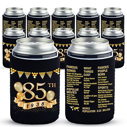 85th Birthday Can Cooler Sleeves Pack of 12-85th Anniversary Decorations- 1938 Sign - 85th Birthday Party Supplies - Black and Gold 85th Birthday Cup Coolers