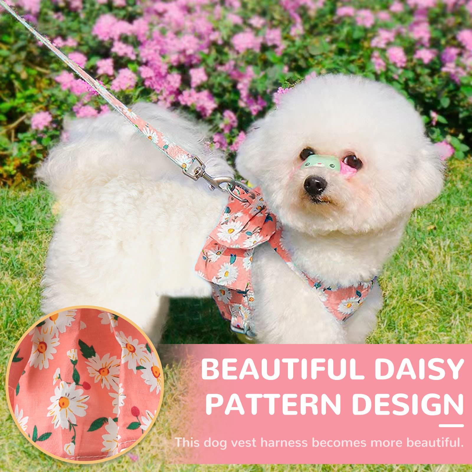 BAEJMJK Dog Harness and Leash Set with Bow Knot No Pull Pet Daisy Floral Harness with D-Ring Soft Mesh Dog Harness Vest Set Escape Proof Princess Puppy Harness for Small Girl Dogs Cats(Pink M)