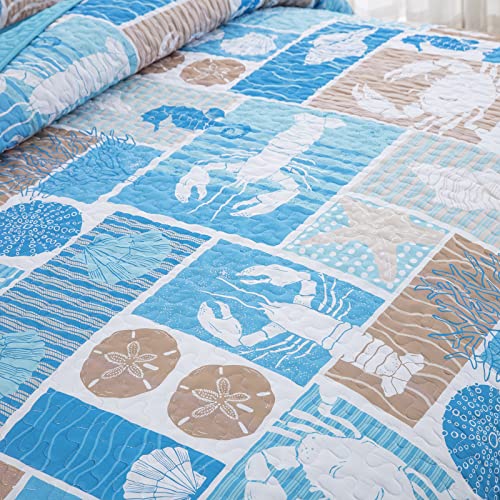 DJY Coastal Quilt Set King Coastal Blue Pattern Quilt Coverlet Set Soft Coastal Patchwork Bedspread with 2 Pillow Shams 3 Pieces Coastal Bedding Quilt Set for All Season 90"x 104"