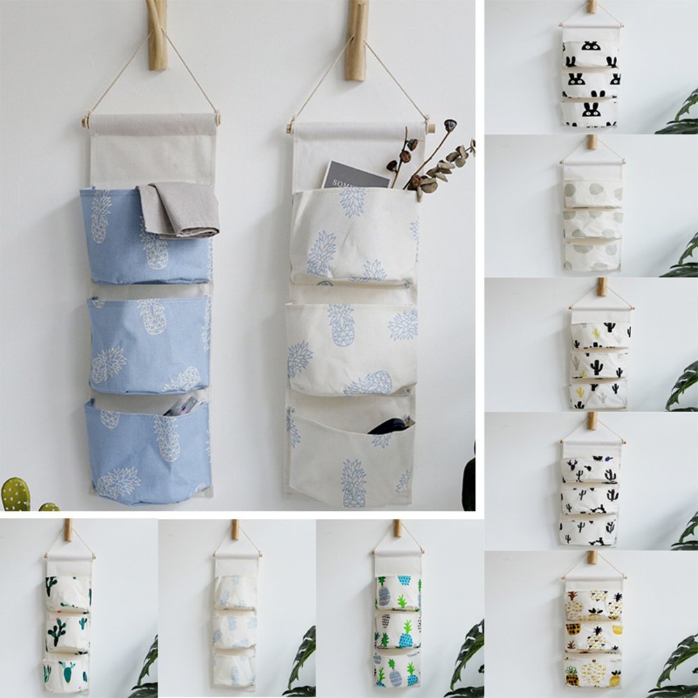 Cactus Pineapple Hanging Storage Bag Cotton Linen Wall Door Closet Wall Storage Organiser with 3 Pockets