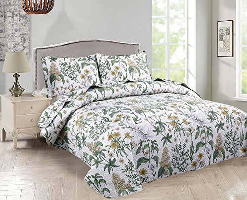 Floral Quilt Set King Size Bedspread Coverlet Green Yellow Flower Bedspread Set King Lightweight Quilt Bedding Spring Summer Floral Coverlet Soft Home Quilts Collection Bedding with 2 Pillowcases