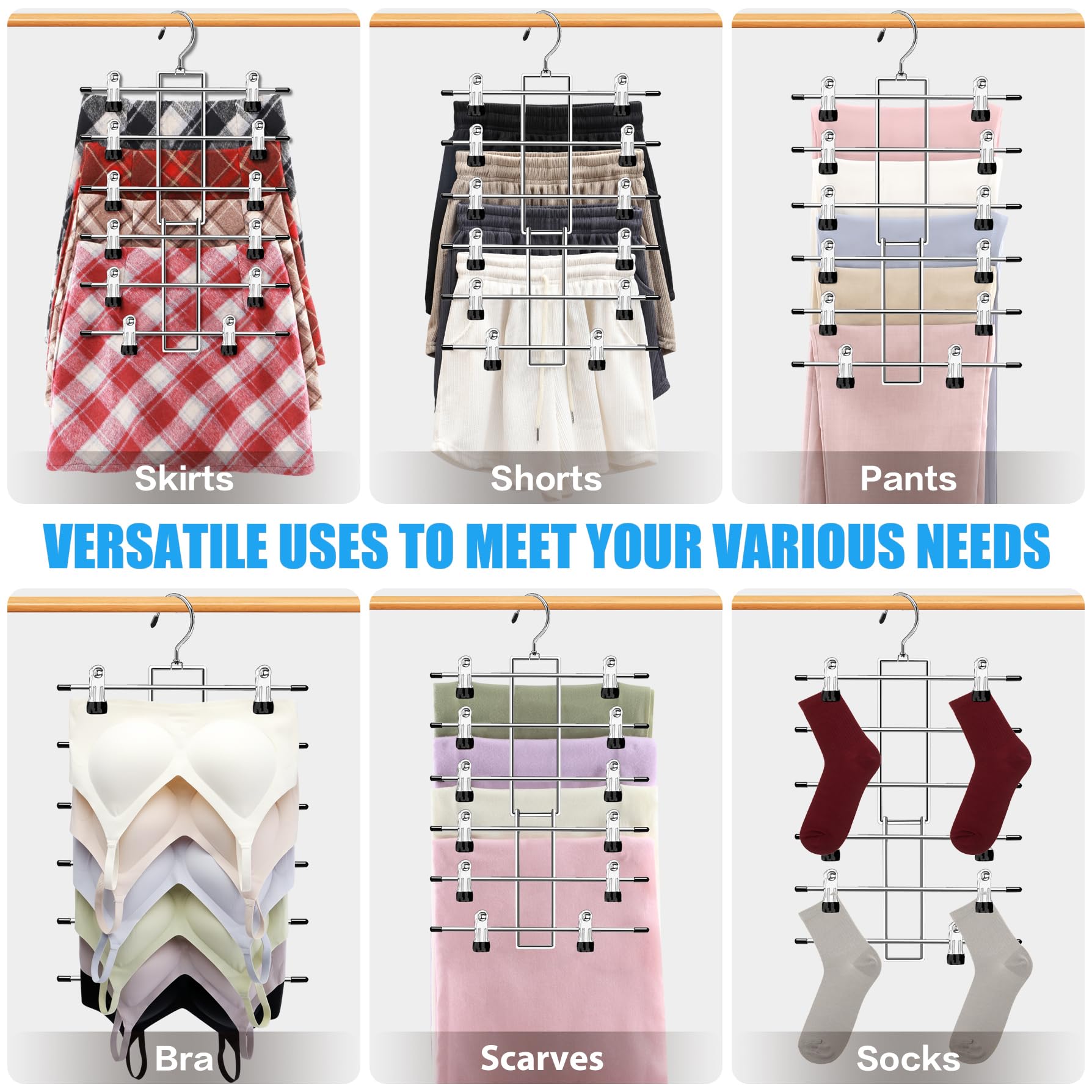 3 Pack Closet-Organizer-Pants-Hangers-Space-Saving,Metal Closet-Organizers-and-Storage,6 Tier Organization and Storage Short Skirt Hangers Cilp,Dorm Room Essentials for College Students Girls Boys Guy
