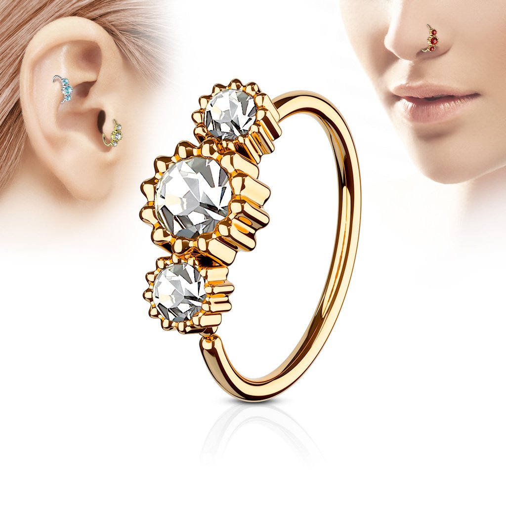 3 Round CZ Set Rose Gold IP Plated 316L Surgical Steel WildKlass Hoop Ring for Nose & Ear Cartilage (Clear)