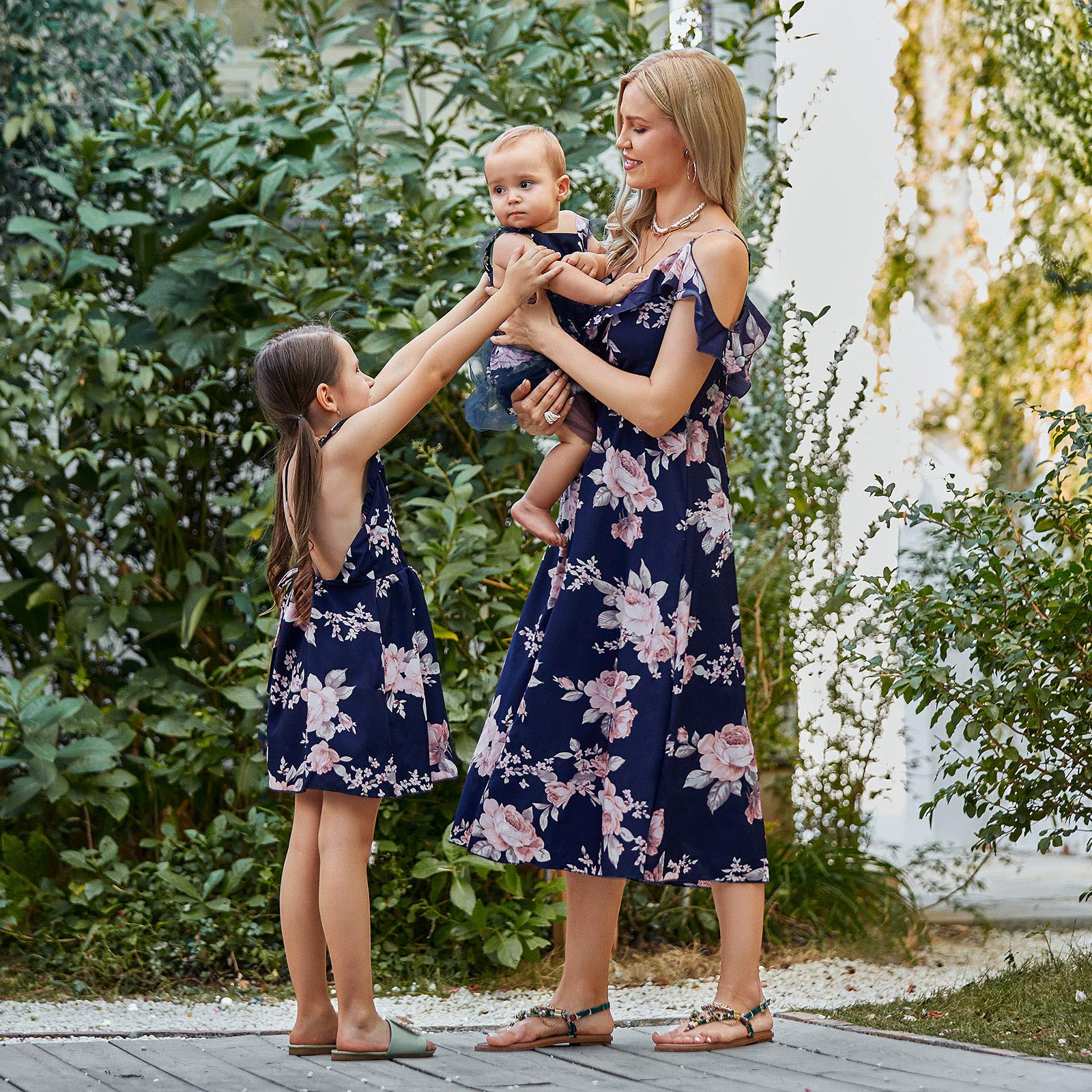 PopReal Mommy and Me Dresses Floral Print Cold Shoulder Ruffle Backless Strap Beach Midi Dress Summer