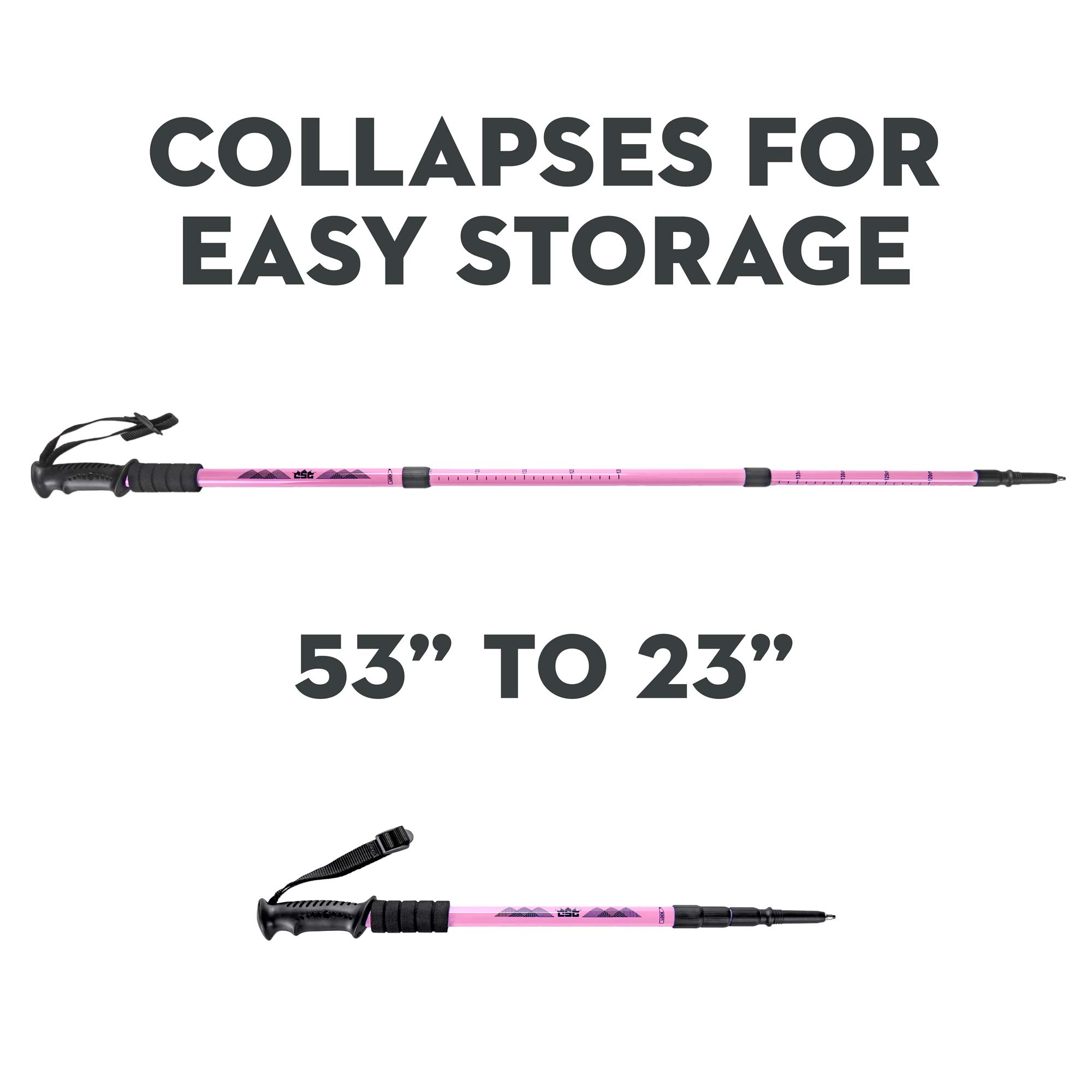2-Pack Trekking Pole & Women's Walking Staff | Strong Lightweight Aluminum | Telescoping 53" Length Collapses to 23" | All-Terrain: Interchangeable Carbonite Ice Pick Tip, Rubber Tip, Snow Cap (Pink)