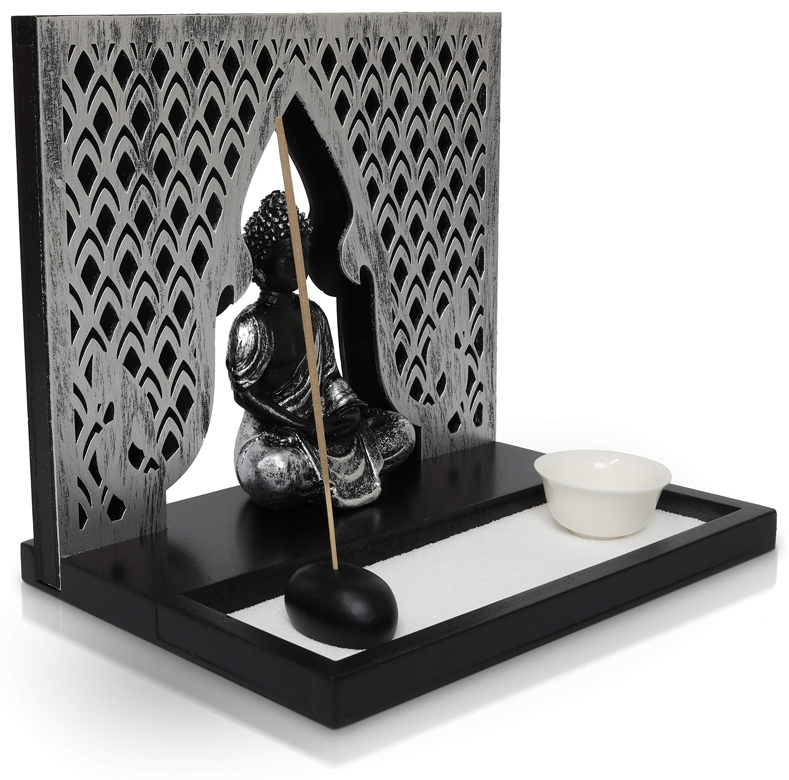 Basic Fundamentals Zen Garden Candle Holder Home Decor - Buddha Incense Stick Holder Office Desk Accessories - Zen Garden Sand Office Decor - Buddha Table Top - 8.75" x6.5”x 8.75”
