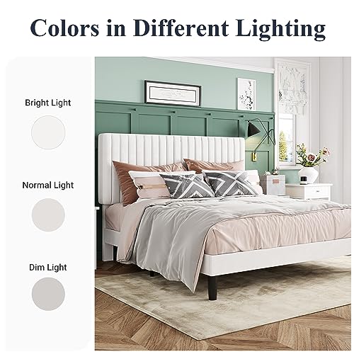 Allewie Full Bed Frame, Velvet Upholstered Platform Bed with Adjustable Vertical Channel Tufted Headboard, Mattress Foundation with Strong Wooden Slats, Box Spring Optional, Easy Assembly, Off-White