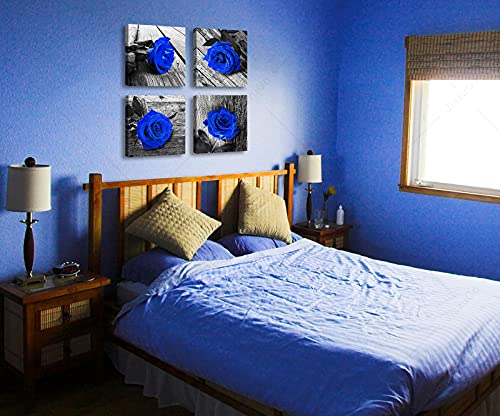 Canvas Wall Art Room Decorations Large Modern Black White Blue Rose Floral Pictures on Grey Valentine'S Day Framed Flower Paintings Decor Multi Panel Turquoise Artwork Living Women Bedroom