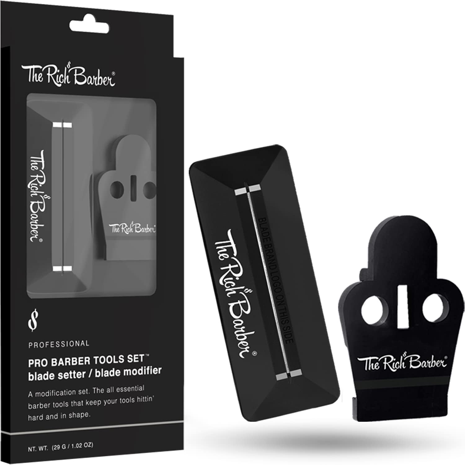 The Rich Barber Pro Barber Tools Set - Accessories Kit with 1-Minute Blade Modifier & 10-Second Blade Setter - Zero Gap Trimmer Alignment Tool, Blade Sharpener Block - Professional Barber Supplies
