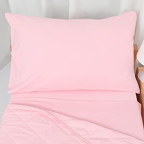 TILLYOU 5-Piece Solid Toddler Bedding Set for Boys or Girls, Bed-in-a-Bag Microfiber Comforter Set, Includes 1 Top Flat Sheet, 1 Mattress Sheets, 1 Padded Quilt and 2 Envelope Pillowcases, Pink