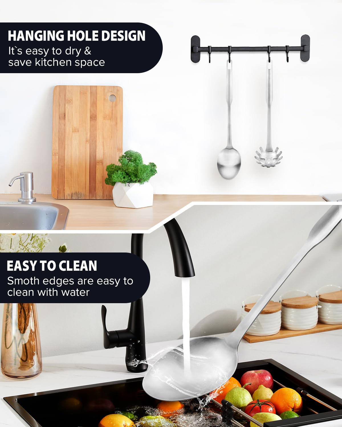 Stainless Steel Pasta Spoons and Forks, Kitchen Noodle Spoon Server, Metal Spaghetti Strainer,12.7β&14.5", Matte