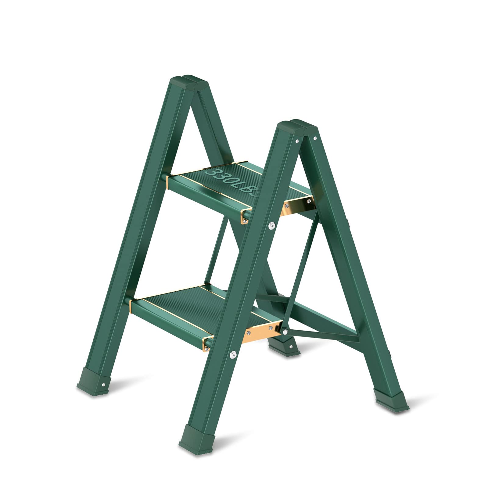 3 Step Ladder, Folding Step Stool with Wide Anti-Slip Gold Wide Pedal, Lightweight Aluminum Step Ladders for Adults, Multi-Functional Ladders with 330lbs Load Capacity for Home and Kitchen, Green