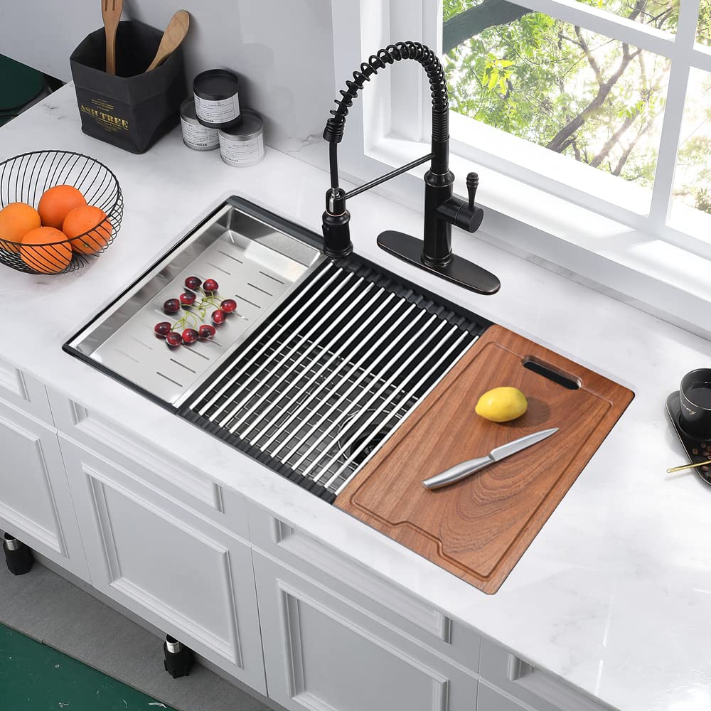 33 Inch Black Undermount Kitchen Sink Workstation-Bokaiya 33x19 Kitchen Sink Undermount 16 Gauge Deep Stainless Steel Single Bowl Undermount Workstation Sink with Cutting Board