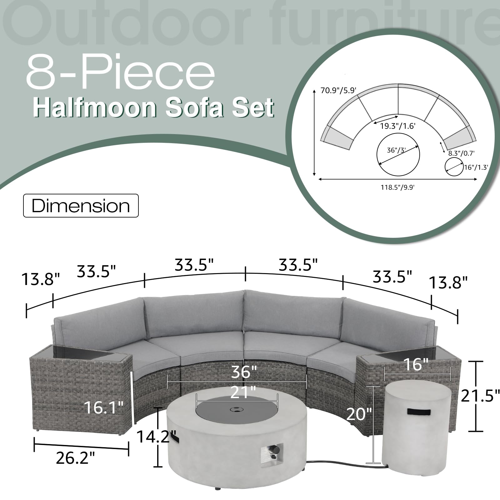 SUNSITT 8 Piece Patio Furniture Set with Propane Fire Pit Half-Moon Curved Patio Set Outdoor Sectional Sofa with 36in Grey Gas Fire Table & Tank Cover, Grey Rattan
