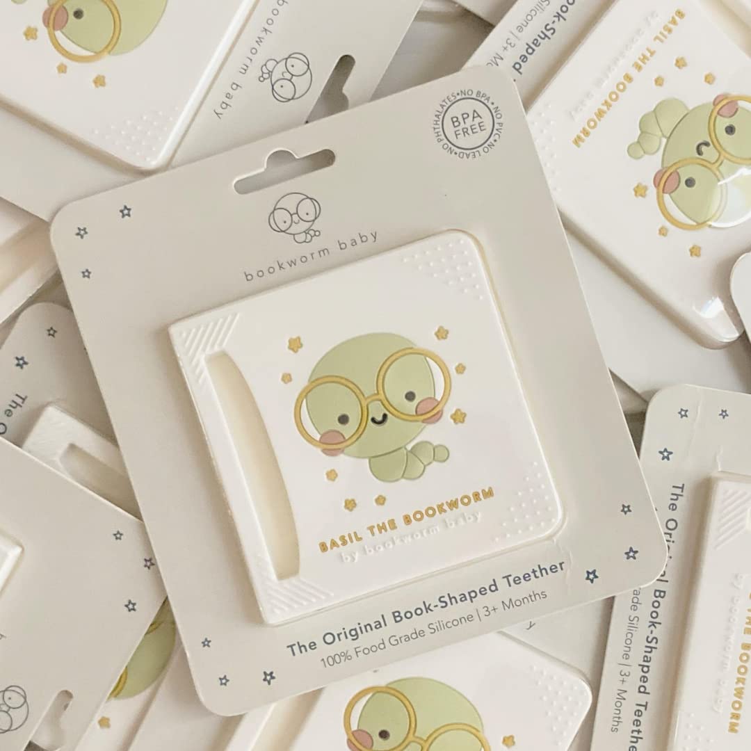 Basil The Bookworm Baby Teether - Premium BPA Free Silicone Teething Toy | Perfect for Baby Showers | Unique Book-Shaped Design | Freezer & Dishwasher Safe (Age: 3+ Months)