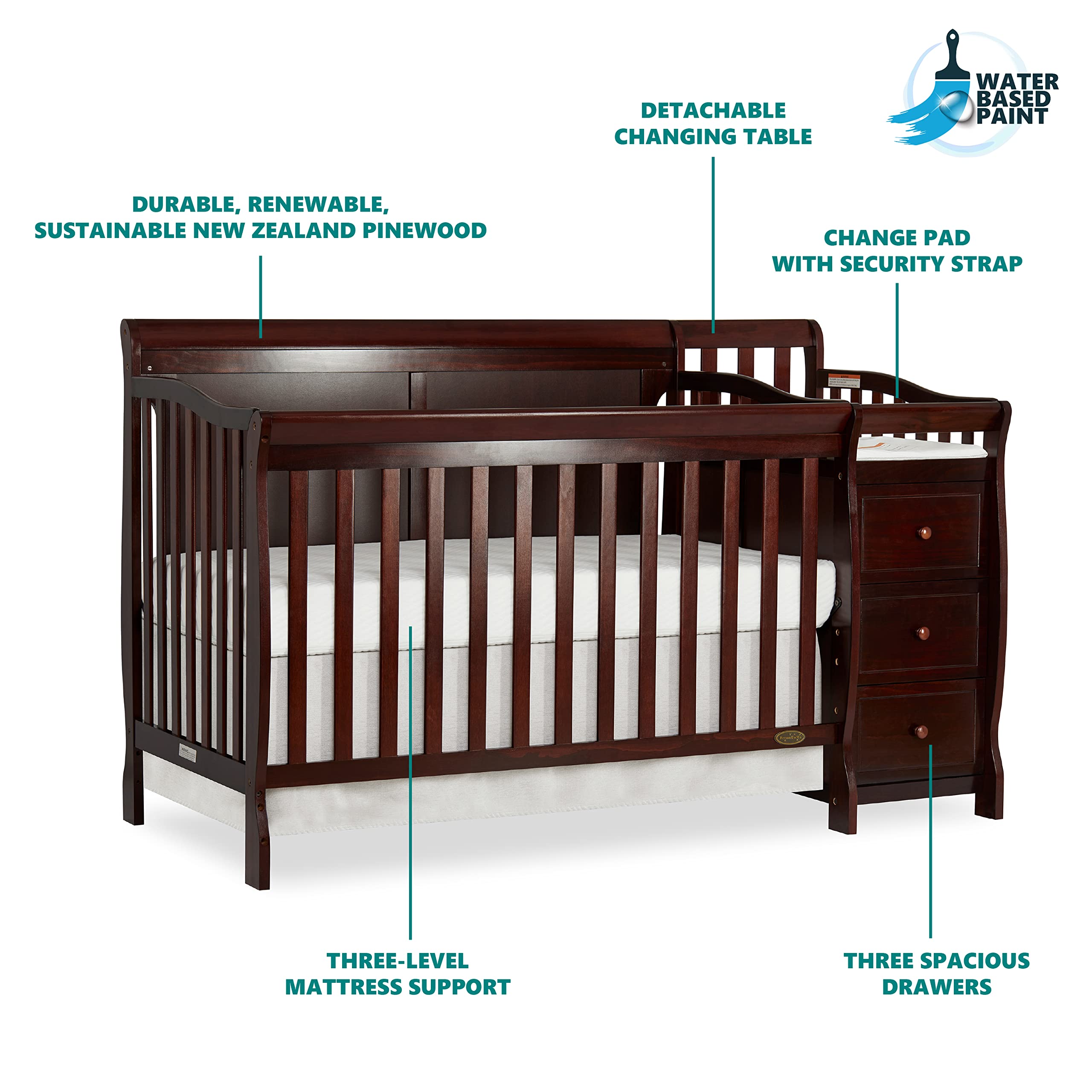 Dream On Me 5-in-1 Brody Full Panel Convertible Crib in Espresso with Changer, Spacious Drawers, Detachable Changing Table, 1''Changing Pad