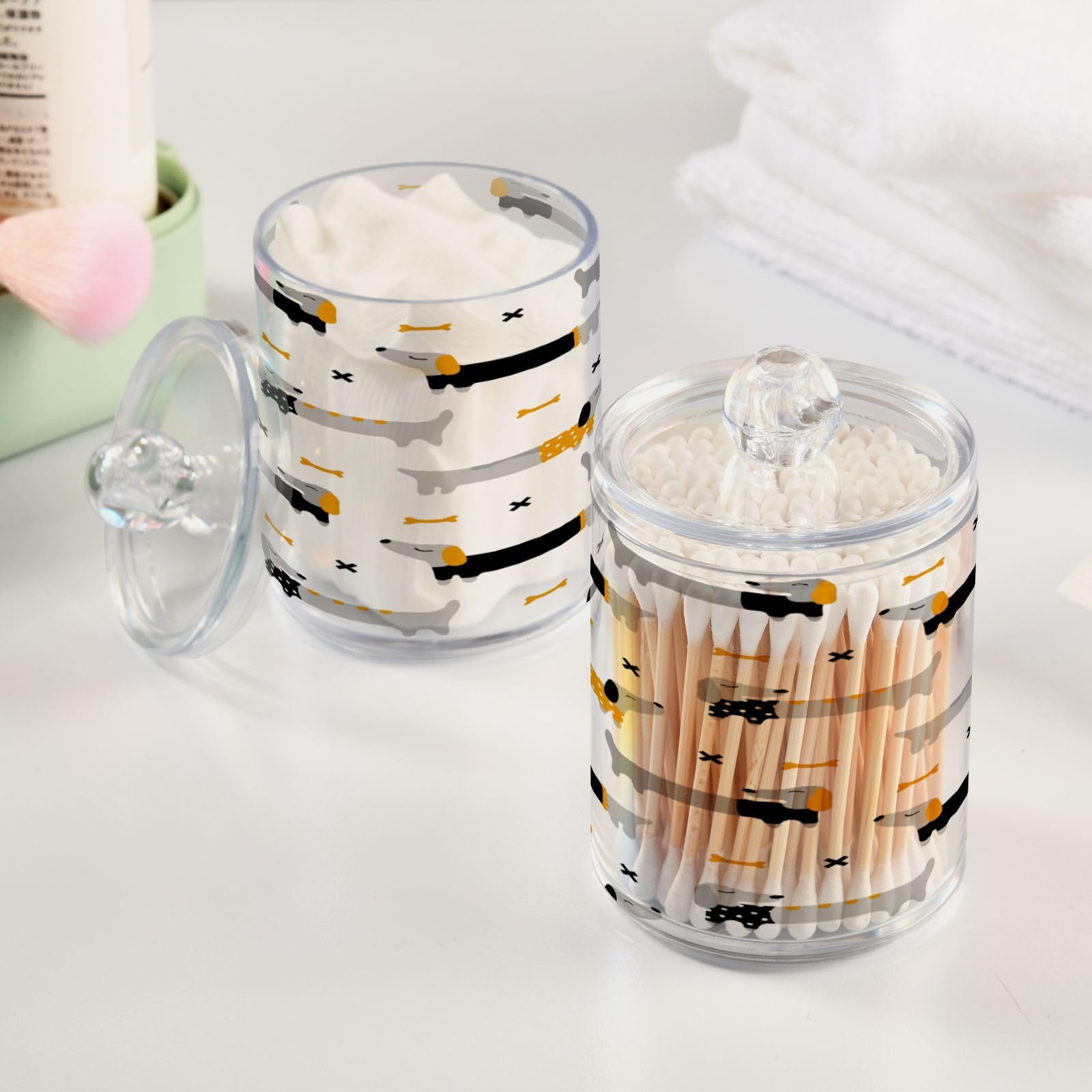 FLildon Cute Dogs Dachshunds Qtip Holder Dispenser, Bathroom Organizer and Storage Containers, 4Pack Clear Plastic Apothecary Jars with Lids for Cotton Ball, Cotton Swab, Floss